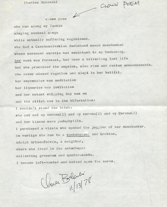 Manuscript: clown poem (November 1978) - Bukowski Database
